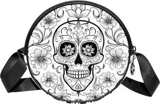 Generic Sac &agrave; bandouli&egrave;re rond rond pour femme, motif t&ecirc;te de mort de Suger fonc&eacute; avec fermeture &eacute;clair et bretelles r&eacute;glables