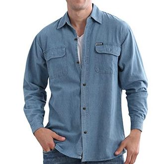 Generic vejtmcc Chemise en jean pour homme avec boutons pression mode homme, simple, ample, avec poches, jeans boutonn&eacute;, chemise de loisirs, coupe droite, man