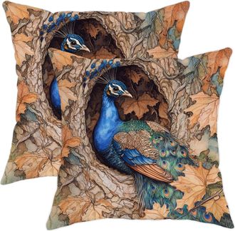 Generic Herbstpfauenvogel Sofakissen Mit Rei&szlig;verschluss Dekokissenbezug Quadratische Dekokissen F&uuml;r Bett Schlafzimmer Heimdekoration 45X45Cm 2Er Set