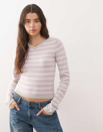 Lioness Pull en maille ray&eacute;e &agrave; col V - Rose p&acirc;le-Multicolore