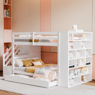 Myboo Kinderbett Etagenbett 90x200, Hochbett Hausbett mit 2 Schubladen&großen Schließfächern, Sicherheitstreppe mit Staufächern, Doppelbett Holzbett Jugendb