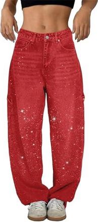 Generic Jeans femme taille haute avec paillettes larges pantalon denim strass vintage curvy jambe large baggy pantalon droit &eacute;l&eacute;gant palais large jambe trouse