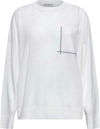 Brunello Cucinelli Femme, Pulls, Blanc, Taille: 40 FR Pull Blanc avec D&eacute;tail de Poche Brillante