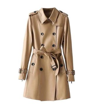 Generic Trench-coat en daim pour femme - Veste classique &agrave; double boutonnage coupe ajust&eacute;e mi-longue en peau de mouton, 1, M