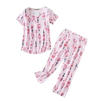Generic Ensemble de Pyjama Femmes Manches Courtes Coton avec Pantalon, Doux &agrave; Porter et Confortable f24