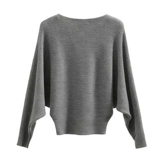 Generic Pull tricot&eacute; &agrave; manches chauve-souris pour femme - Col bateau - Manches chauve-souris - Pull dhiver &agrave; col bateau, gris, Taille unique