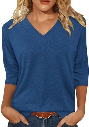 Minetom Femme T-Shirt à Manches 3/4 Col en V Tee Shirt Coupe Classique Ample Léger Printemps été Automne Basic Top A Bleu foncé XL