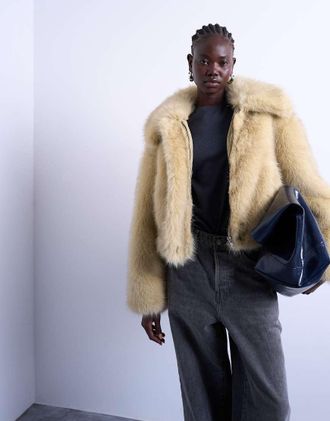 Topshop Bomber en fausse fourrure zippé - Babeurre-Jaune