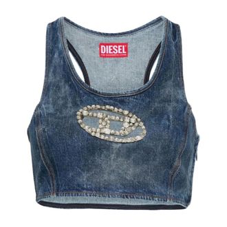 Diesel Femme, Tops, Bleu, Taille: 38 FR Crop Top en denim orn&eacute;