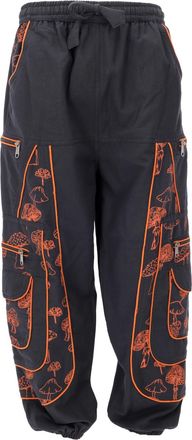 Guru Shop Goahose, Herren Yoga Hose, Bequeme Freizeithose mit Pilzdruck - Schwarz/orange, Baumwolle, Size:S