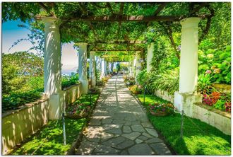 Wallario Outdoor-Poster f&uuml;r Garten oder Balkon Bl&uuml;hende Pergola, Motivbanner Gr&ouml;&szlig;e: ca. 60 x 90 cm, Outdoor-Bild