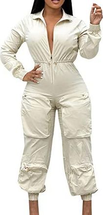 Generic Combinaison dhiver pour femme - Fermeture &eacute;clair en m&eacute;tal - Pantalon sac &agrave; pain - Col en V profond - Manches longues - Cordon de serrage - Pantalon - 