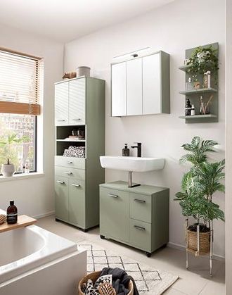 Schildmeyer Badmöbel-Set Palermo 702060, Spiegelschrank, Waschbeckenunterschrank, Hochschrank, Regal, Pistazie
