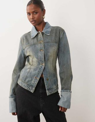 Lioness The Bronx Jeansjacke mit Taillenzug und breitem &Auml;rmelaufschlag in Stone Blue Wash-Blau
