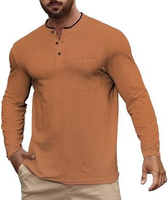 Generic T-shirt d&eacute;contract&eacute; &agrave; manches longues pour homme - Col Henley - L&eacute;ger et respirant - Pour printemps et automne - Confortable - Avec poche, kaki, XXL