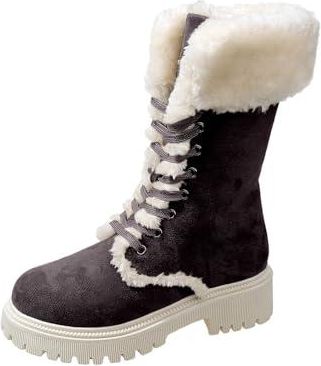 Generic Bottes de neige chaudes pour femme - &Eacute;l&eacute;gantes doublure en fausse fourrure - Antid&eacute;rapantes - Confortables - &Agrave; lacets - Bottines mi-mollet - Bottes de