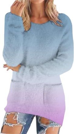 Generic Pull en polaire à col rond et manches longues pour femme - Léger - Couleur dégradée - Tendance - Tricot doux - Pull ample élégant et chaud avec poches