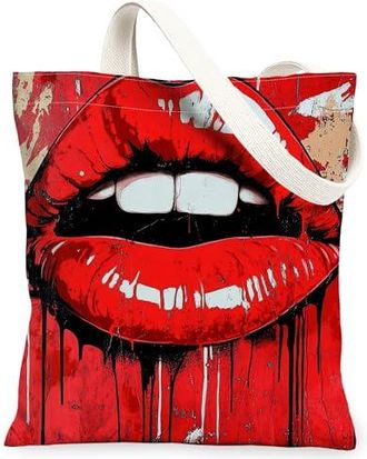 Generic Sacs fourre-tout en toile motif l&egrave;vres rouges r&eacute;utilisables, &eacute;l&eacute;gants, l&eacute;gers et lavables avec bandouli&egrave;re pour voyage, plage, shopping, 33 x 38 cm