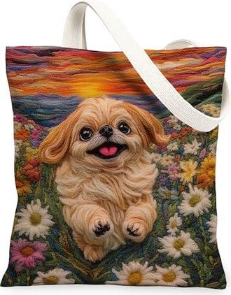 Generic Sac fourre-tout en toile pour le shopping 33 x 38 cm, motif chien bichon fris&eacute;, style tricot&eacute;, sac d&eacute;picerie r&eacute;utilisable pour femme, animal de compag