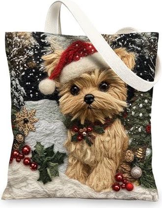Generic Sac fourre-tout r&eacute;utilisable en toile motif yorkies de No&euml;l pour faire du shopping, 33 x 38,1 cm, motif sapin de No&euml;l, sac d&eacute;picerie r&eacute;utilisable pour