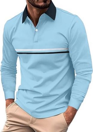 Generic WINWUQB Polo à manches longues pour homme - T-shirt de rugby décontracté - Coupe ajustée - Col léger - Tendance - Pull respirant - Polos doux, bleu, 3