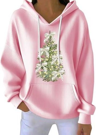 Generic Sweat à capuche de Noël léger pour femme, surdimensionné, tendance, à manches longues, décontracté pour entraînement, fête, cadeaux de Noël, rose, XL