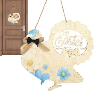 Generico T&uuml;rschild aus rustikalem Holz in Form einer Osterh&uuml;hne, Willkommensschild mit Fr&uuml;hlingskranz, f&uuml;r Garten, Hof, Balkon, Fenster, Partys