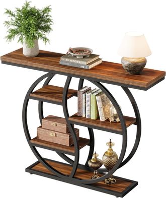 Tribesigns Konsolentisch, 120 x 30 cm industrieller 4-st&ouml;ckiger Sofatisch, Eingangstisch mit kreisf&ouml;rmigem Sockel, schmaler Holzakzent-Tische mit Ablagen f&uuml;r Woh