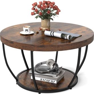 Costway Costway - Table Basse Ronde 80 x 45cm &agrave; 2 Niveaux, Table de Cocktail avec Cadre en M&eacute;tal, Table dAppoint avec Plateau en Faux Bois, Charge 90KG, Caf&eacute;