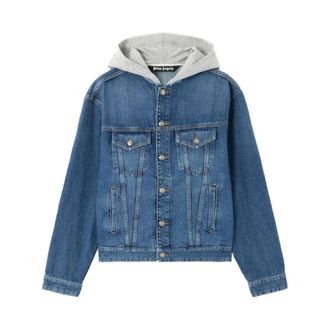 Palm Angels Homme, Vestes, Bleu, Taille: S Curved Logo Denim Jacket