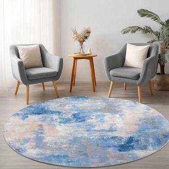 Generic Bleu-Gris Tapis Art D&eacute;co Rond Antid&eacute;rapant, Texture Huileuse Motif Doux Tapis Poils Courts pour Salon Couloir Chambre Cuisine Descente de Lit - 160 cm