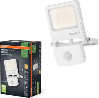 Osram ENDURA FLOOD PC 20W LED-Fluter mit Sensor, 3000K warmweiß, 1800 Lumen, IP44 Flutlicht IR-Melder, Tageslichtabschaltung, Weiß