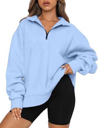 Generic Sweats &agrave; capuche surdimensionn&eacute;s pour femme, sweat &agrave; capuche tendance pour lautomne, demi-fermeture &eacute;clair, chemises &agrave; manches longues, bleu clair, 3X