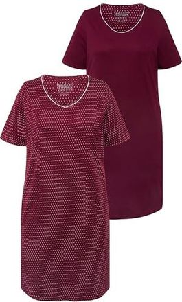 Ulla Popken Lot de 2 Grandes Chemises de Nuit à col Rond/col en V pour Femme - Manches Courtes - Bordeaux - Taille 42/44, Rouge Bordeaux, 44/46 FR