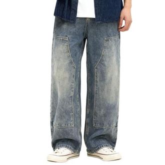 Generic Pantalon en jean pour homme - Pantalon baggy droit - Jean stretch confortable - Pantalon de loisirs - Pantalon de travail r&eacute;tro avec finition d&eacute;lav&eacute;e 