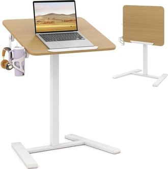 Costway Bureau Mobile Pliable, Table dAppoint à Roulettes avec Plateau Inclinable à 90°, Hauteur Ajustable avec Crochet et Porte-Gobelet, pour Salon, Naturel