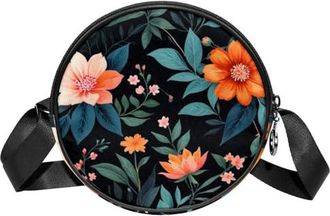 Generic Petit sac &agrave; bandouli&egrave;re circulaire pour femme, motif feuilles florales, sac &agrave; dos avec fermeture &eacute;clair, bretelles r&eacute;glables, sac &agrave; main rond d&eacute;contra