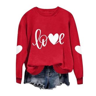 Generico Sweatshirt sans capuche pour femme, t-shirt avec imprim&eacute; de la Saint-Valentin pour femme, sweat &agrave; col rond, sweat &agrave; manches longues, chemisier, Rouge 