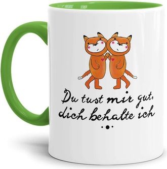Tassendruck Fuchs-Tasse mit Spruch Du tust mir gut, dich behalte ich - Kaffeetasse/Mug/Cup/Süß/Innen & Henkel Hellgrün