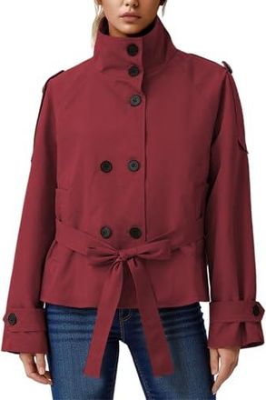 Generic Vestes pour femmes &agrave; double boutonnage avec ceinture nou&eacute;e &agrave; manches longues, veste anorak courte avec poches avant pour la mode dautomne d&eacute;contract&eacute;e