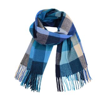 Glamexx24 Damen Winter Kariert Schal, Strickset Schal &uuml;bergro&szlig;er Quadratisch Deckenschal Halstuch Streifen Muster Fransen Ponch, Blau-D.Blau-Beige