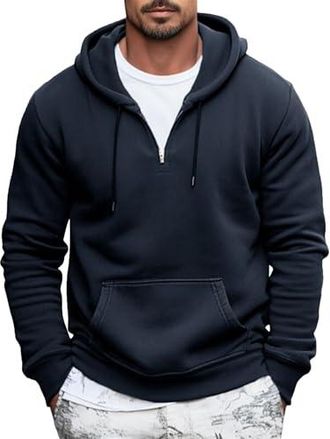 Generic Pull à capuche semi-zippé pour homme - Couleur unie - Coupe décontractée - Poche à cordon de serrage - Manches longues - Fermeture éclair 1/4 - Léger 