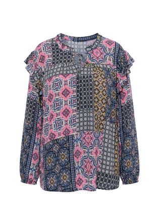 Ulla Popken Longbluse Bluse R&uuml;schen A-Linie Rundhals Langarm