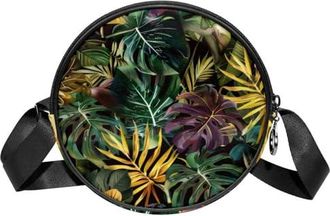 Generic Sac &agrave; bandouli&egrave;re rond pour femme, motif feuilles de jungle, plantes, petit sac &agrave; dos &agrave; bandouli&egrave;re avec fermeture &eacute;clair, bretelles r&eacute;glables, sac &agrave; 