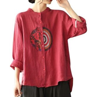 Generic Chemisier Femmes Coton Et Lin Grande Taille D&eacute;contract&eacute;es Chemises D&eacute;t&eacute; &Agrave; Manches Longues Col V Ample Hauts Leger Comfy Tuniques &Agrave; La Mode Coton Lin C