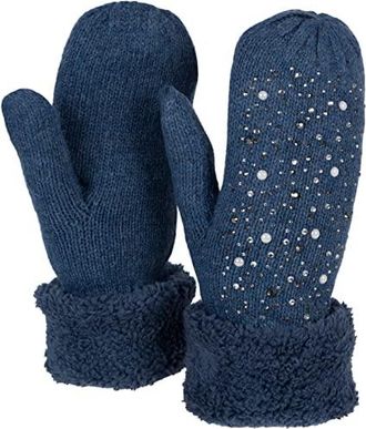 styleBREAKER Femmes moufles chaudes dhiver en tricot avec strass et perles, gants, thermo polaire, gants tricot&eacute;s 09010039, couleur:Bleu jeans