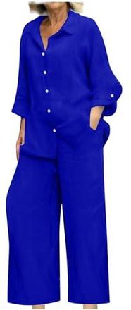 Generic Ensemble 2 pi&egrave;ces en lin pour femme 2024, chemises amples &agrave; manches longues, jambes larges, pantalon assorti, tenues de vacances grande taille, combin