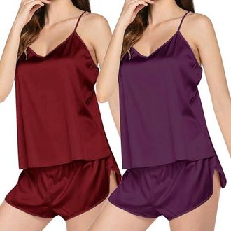 Generic HUIFUAO Lot de 2 pyjamas en satin pour femme - V&ecirc;tements de nuit grande taille - Col en V - Sans manches - Camisole - Short de d&eacute;tente avec bandouli&egrave;r