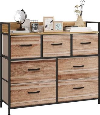 HOMCOM Commode 7 tiroirs Meuble de Rangement tiroir en Tissu Pliant - Structure Acier Noir - 98 x 29 x 85 cm, Chambre, entrée, Salon, Noir et Naturel