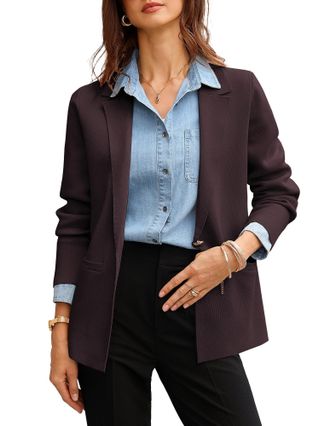 Grace Karin Strickblazer Damen D&uuml;nne Langarm-Strickjacke mit V-Ausschnitt Cardigan Kaffeebraun XL
